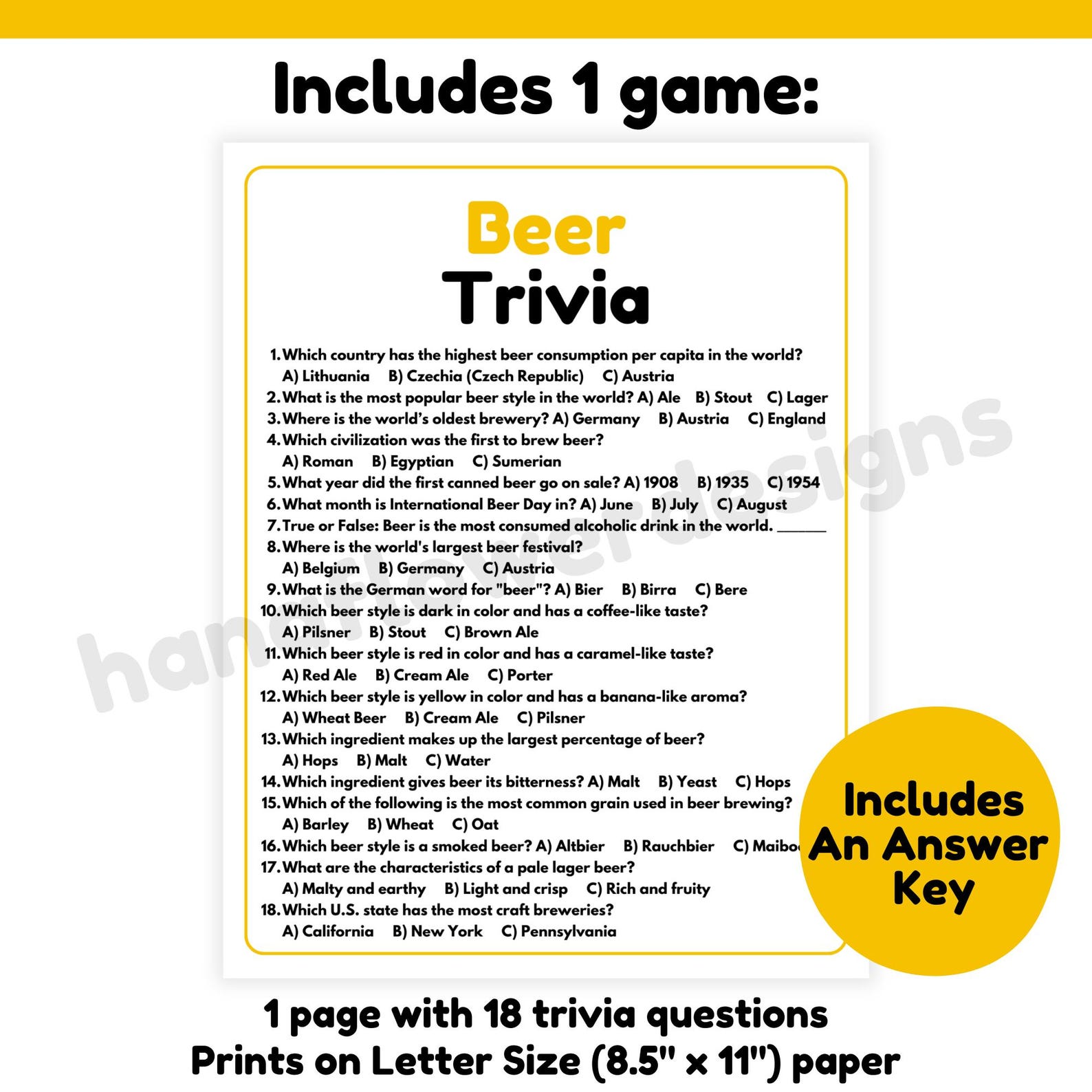 Beer Trivia Game | Beer Game Printable | Beer Party Game for Adults ...