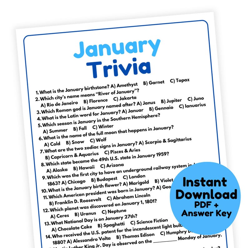 January Trivia Game | Month Trivia Game Printable | Winter Trivia Game ...