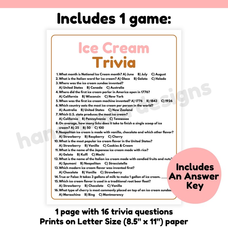 Ice Cream Trivia Game | Ice Cream Game Printable | Ice Cream Birthday ...