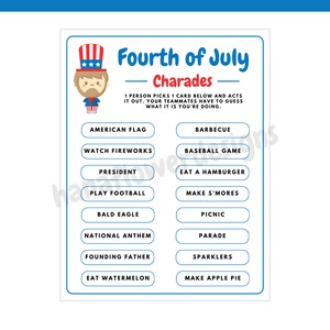 Fourth of July Charades Printable Party Game for Adults and Kids - Etsy