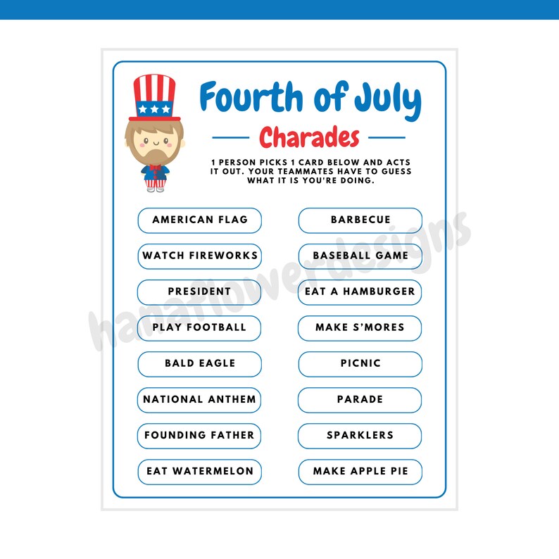 Fourth of July Charades Printable Party Game for Adults and Kids - Etsy
