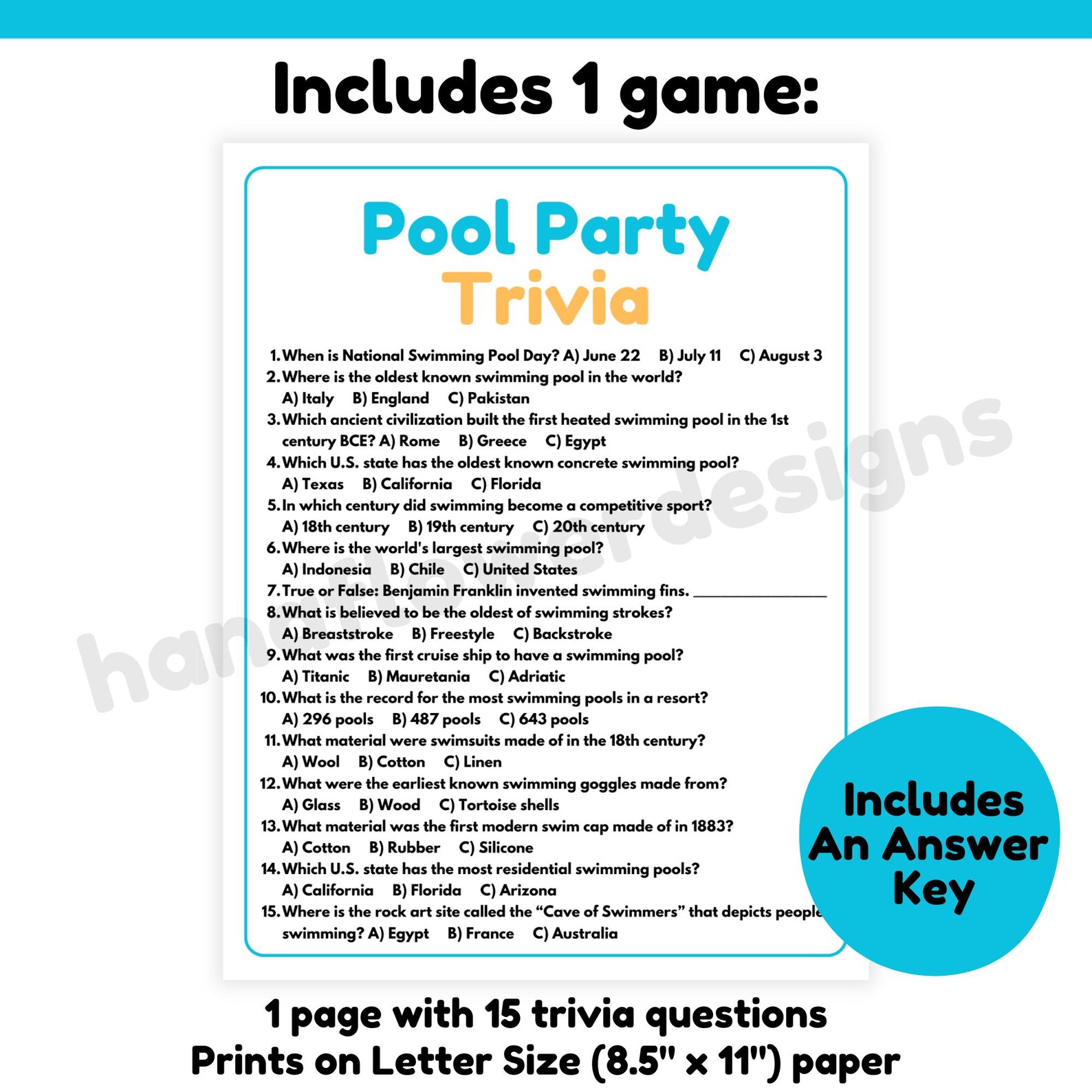 Pool Party Trivia Game | Pool Party Game Printable | Pool Party Game ...