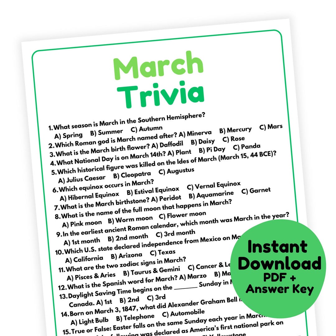 March Trivia Game | Month Trivia Game Printable | Spring Trivia Game ...