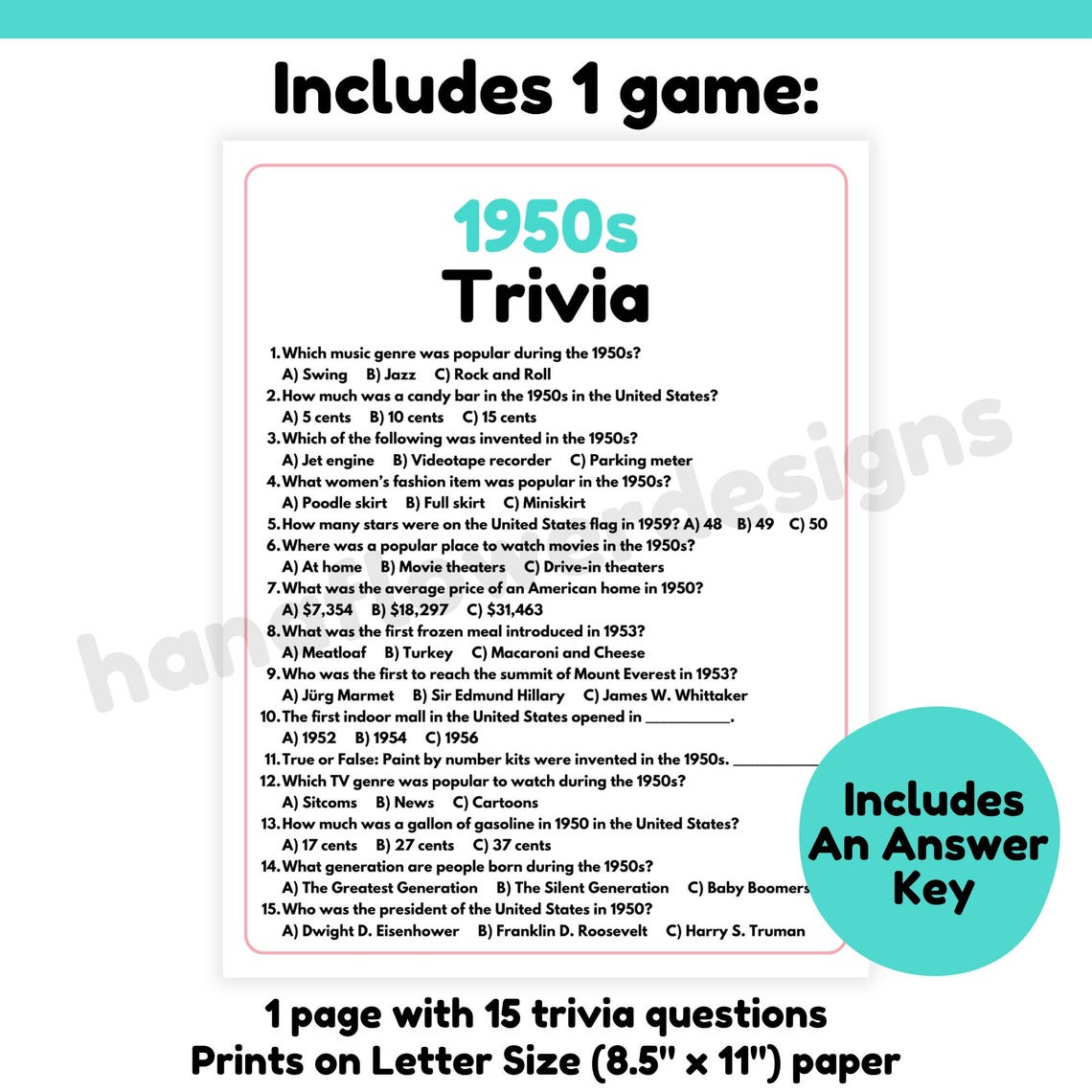 1950s Trivia Game | 1950s Game Printable | 1950s Party Game for Adults ...