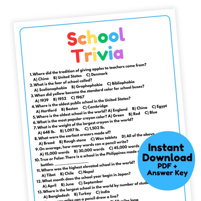 School Trivia Game | Back to School Game Printable | School Party Game ...