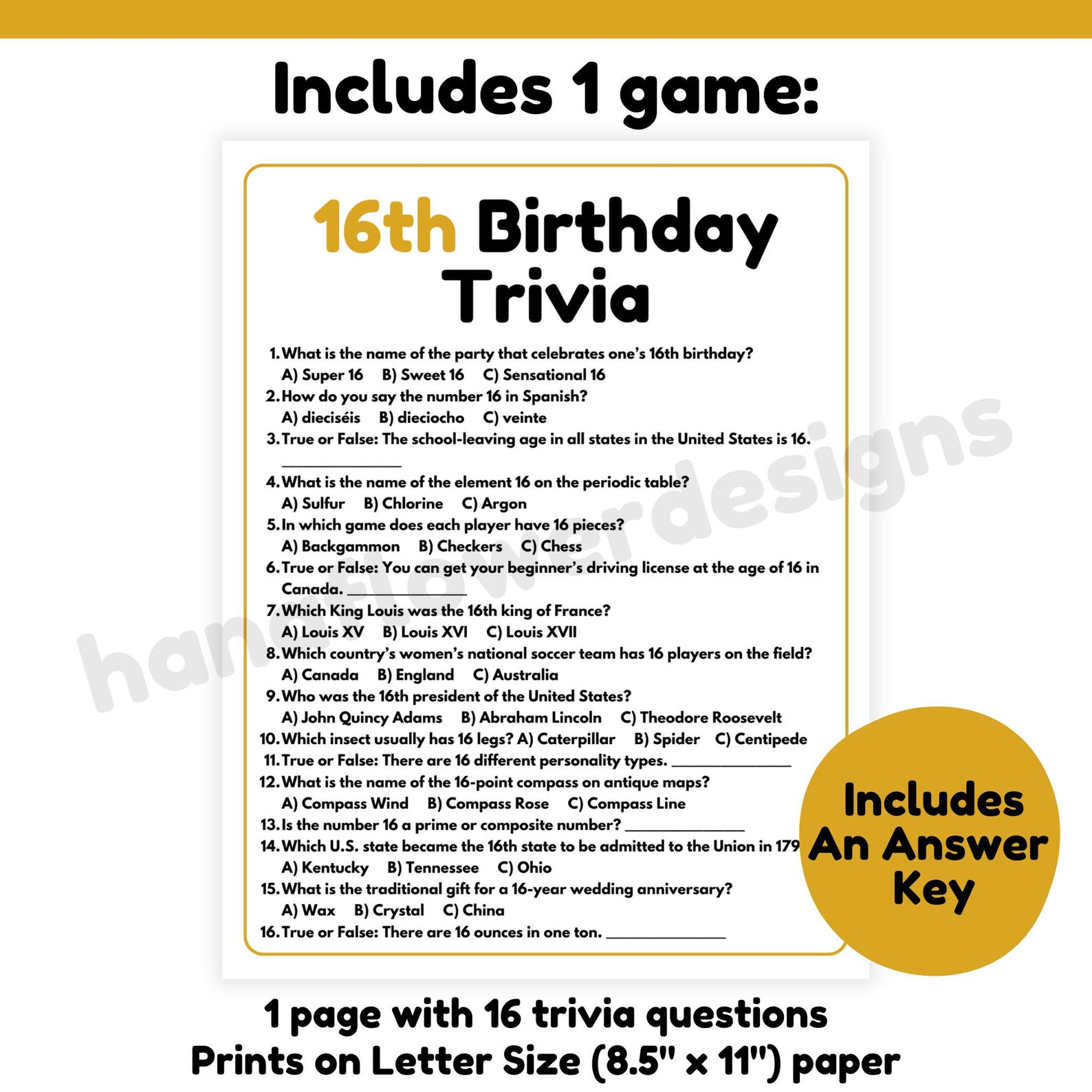16th Birthday Trivia Game | 16th Birthday Game Printable | 16th ...