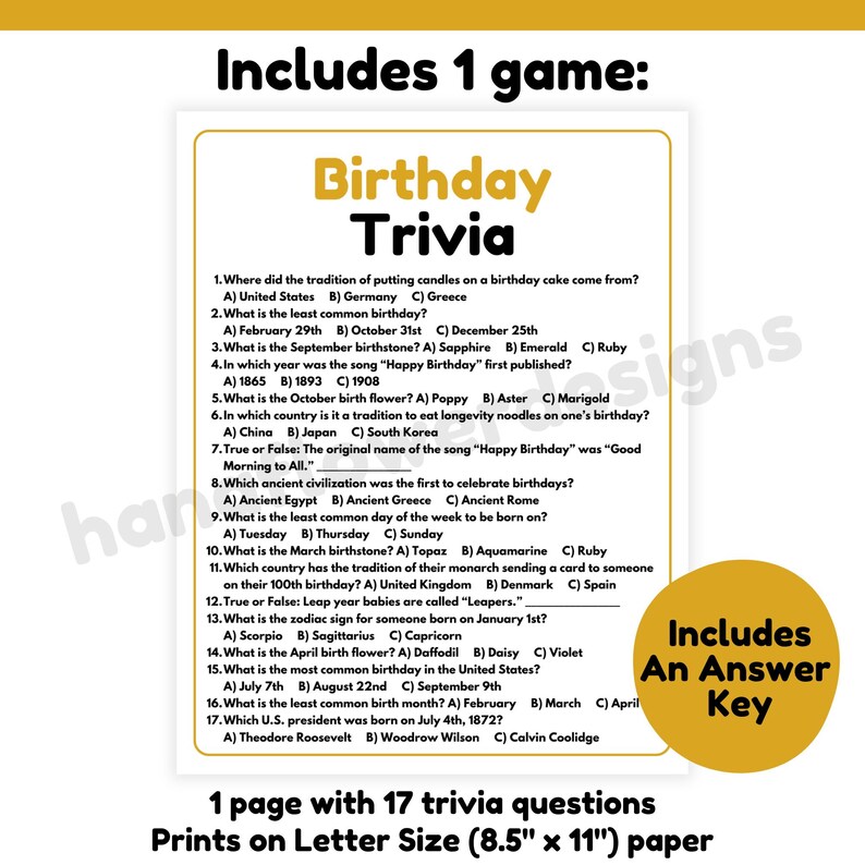 Birthday Trivia Game | Birthday Game Printable | Birthday Party Game ...