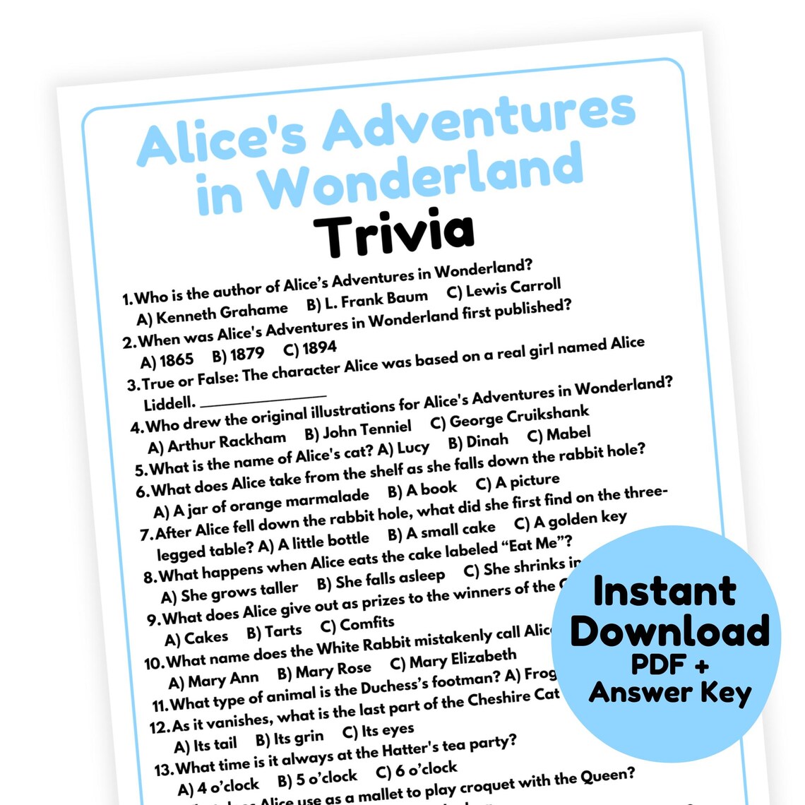 Alice's Adventures in Wonderland Trivia Game | Wonderland Game ...