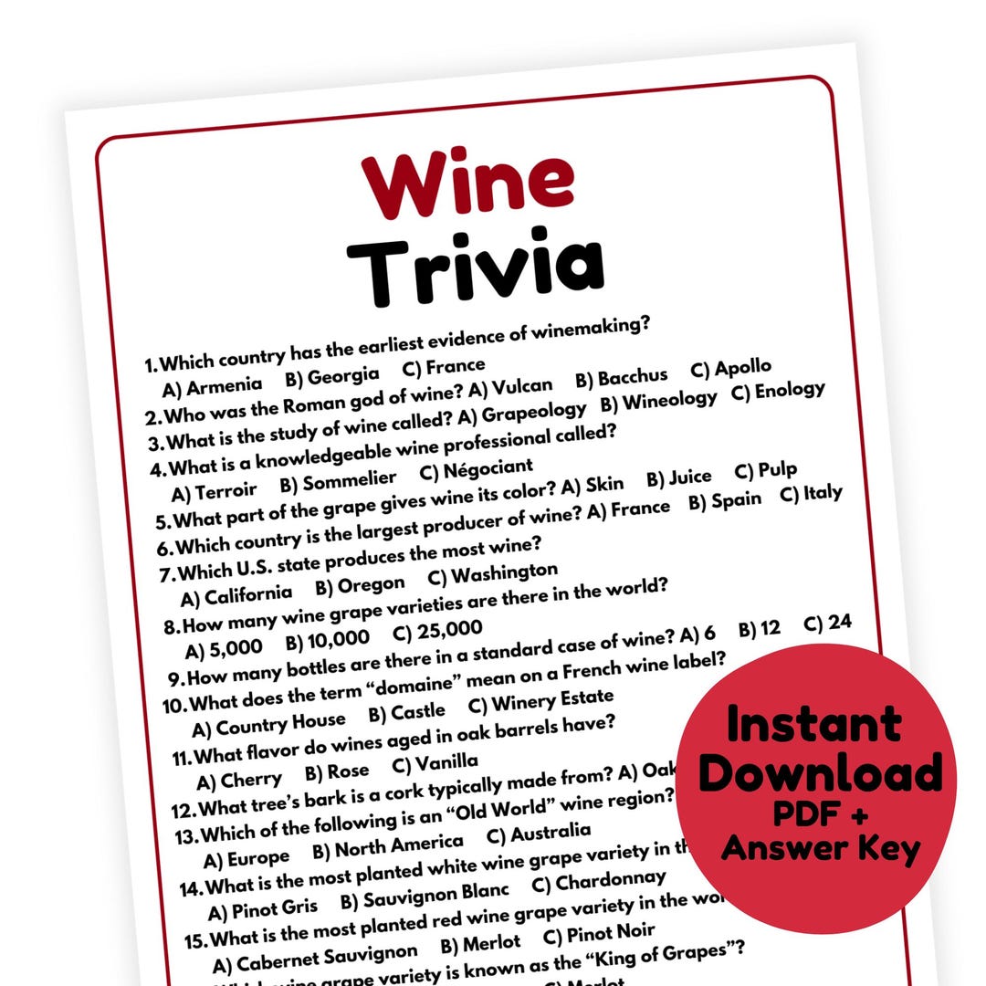 Wine Trivia Game | Wine Game Printable | Wine Bridal Shower Game | Wine ...