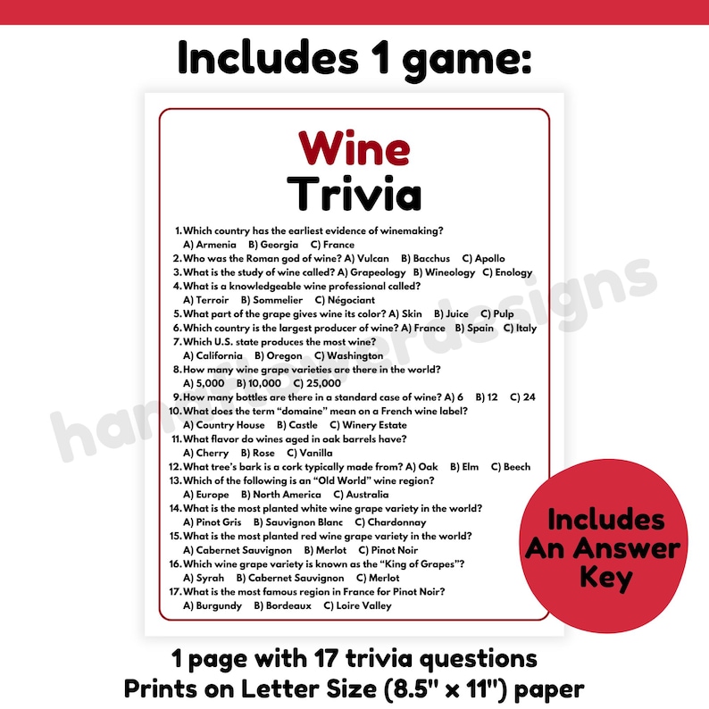 Wine Trivia Game | Wine Game Printable | Wine Bridal Shower Game | Wine ...
