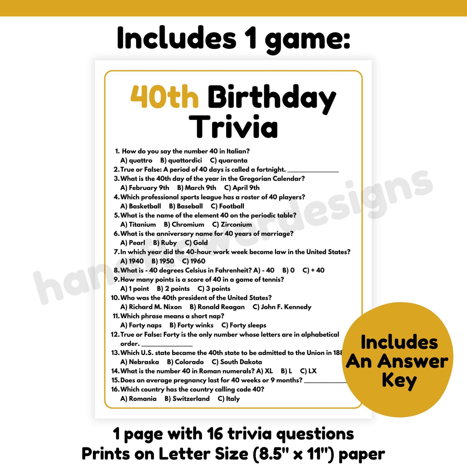 40th Birthday Trivia Game | 40th Birthday Game Printable | 40th ...