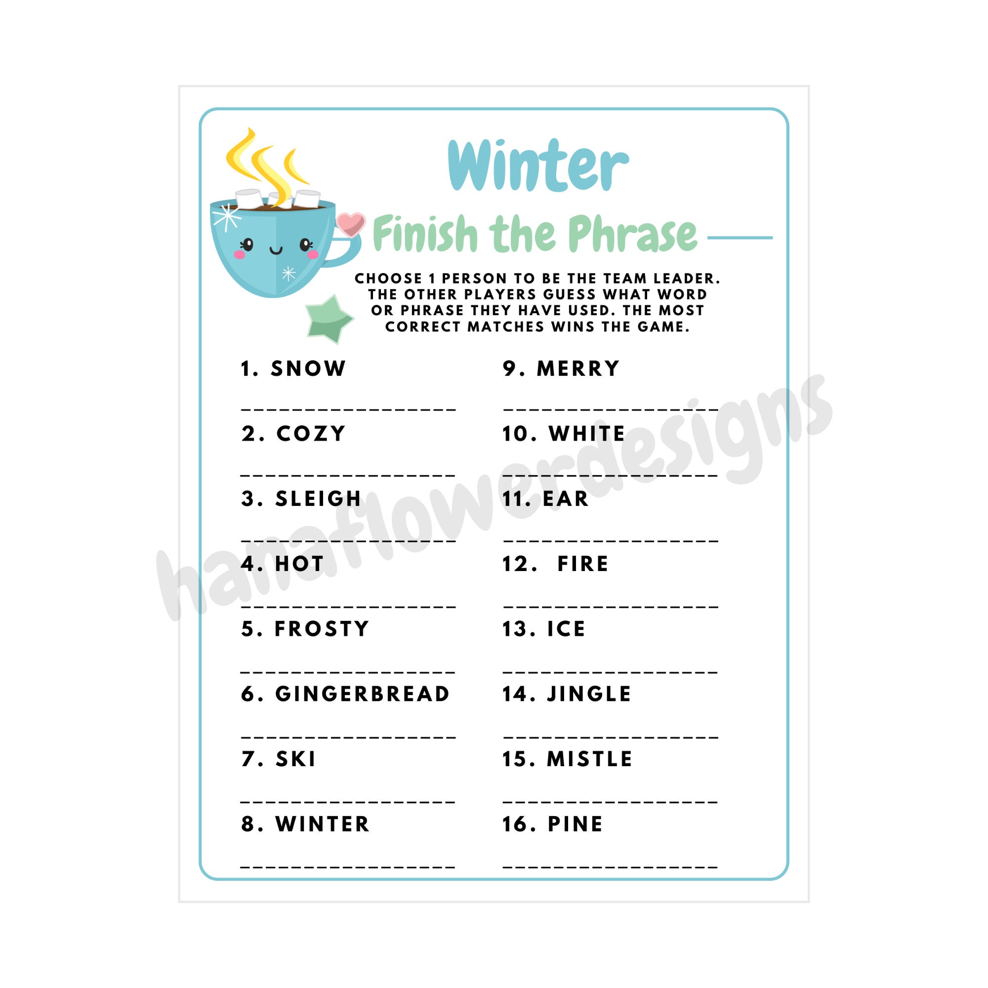 Winter Finish the Phrase Game Winter Games Printable Winter Party Games ...