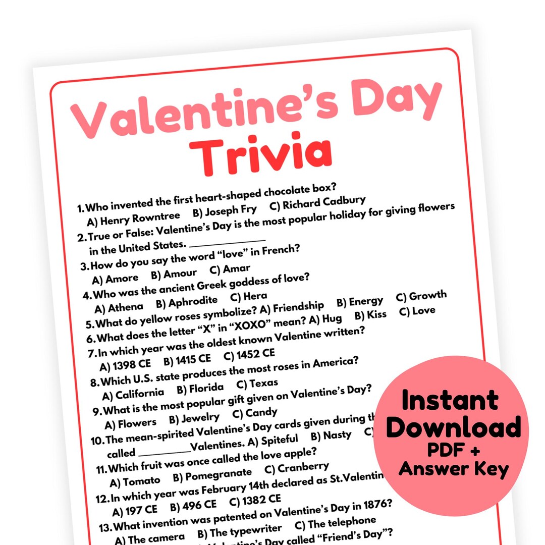 Valentine's Day Trivia Game | Valentine's Day Game Printable ...