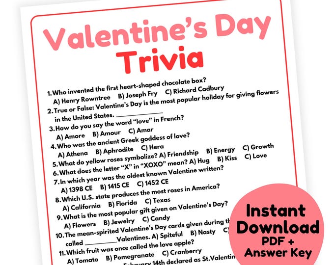 Valentine’s Day Trivia Game, Valentine Party Game, Love Trivia Quiz ...