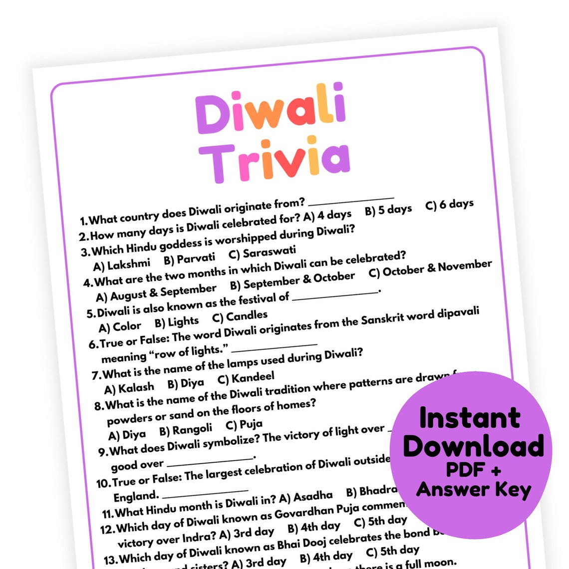 Diwali Trivia Game Diwali Game Printable Diwali Party Game for Adults ...