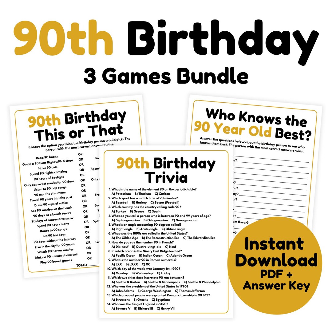 90th Birthday Games Bundle - Set of 3 Printable Games | 90th Birthday ...