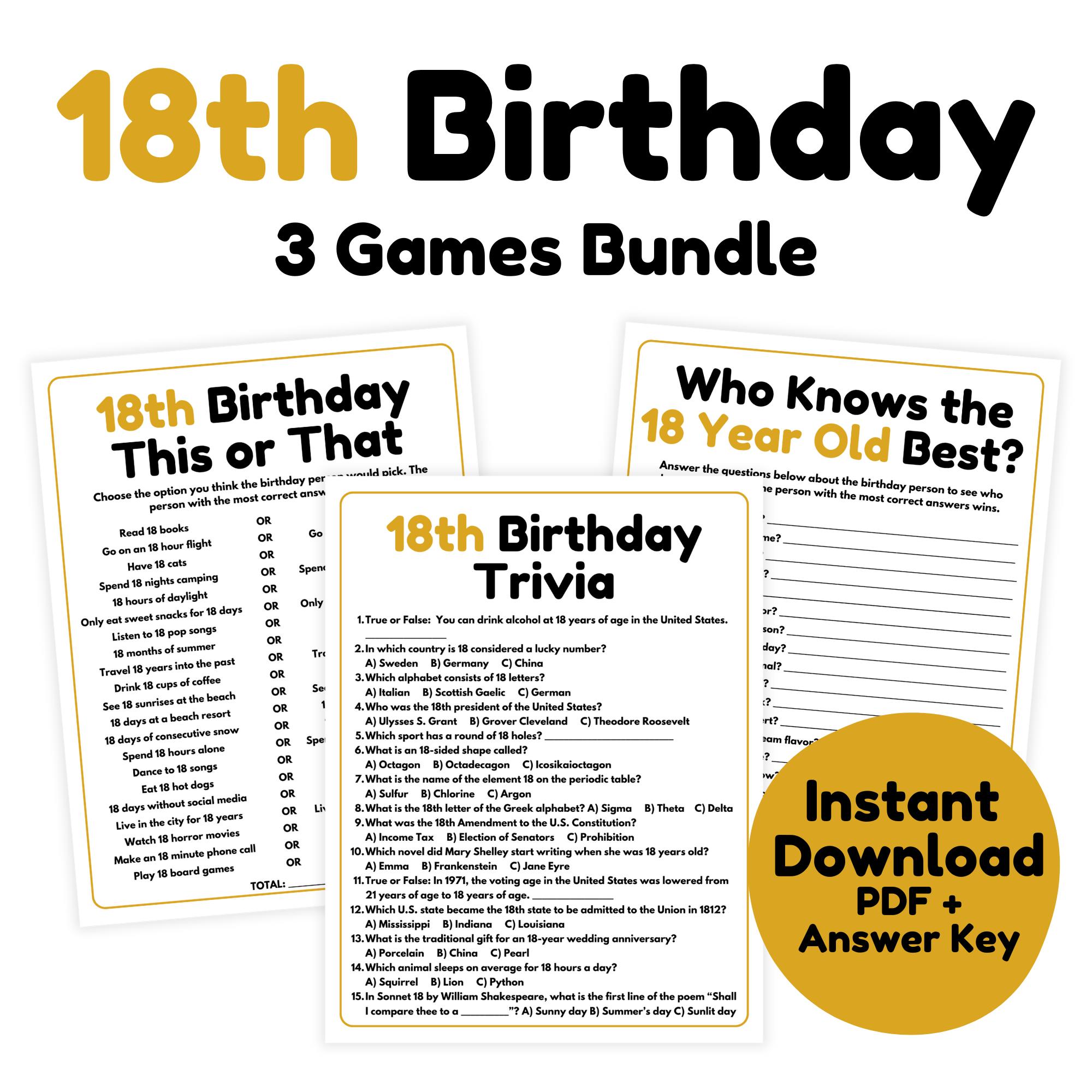 18th Birthday Games Bundle - Set of 3 Printable Games | 18th Birthday ...