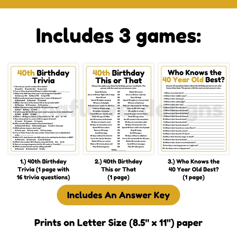 40th Birthday Games Bundle - Set of 3 Printable Games | 40th Birthday ...