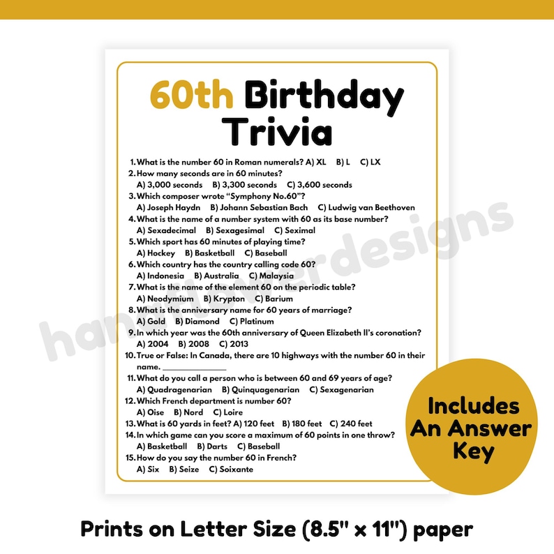 60th Birthday Trivia Game 60th Birthday Game Printable 60th Birthday Party Game for Adults ...