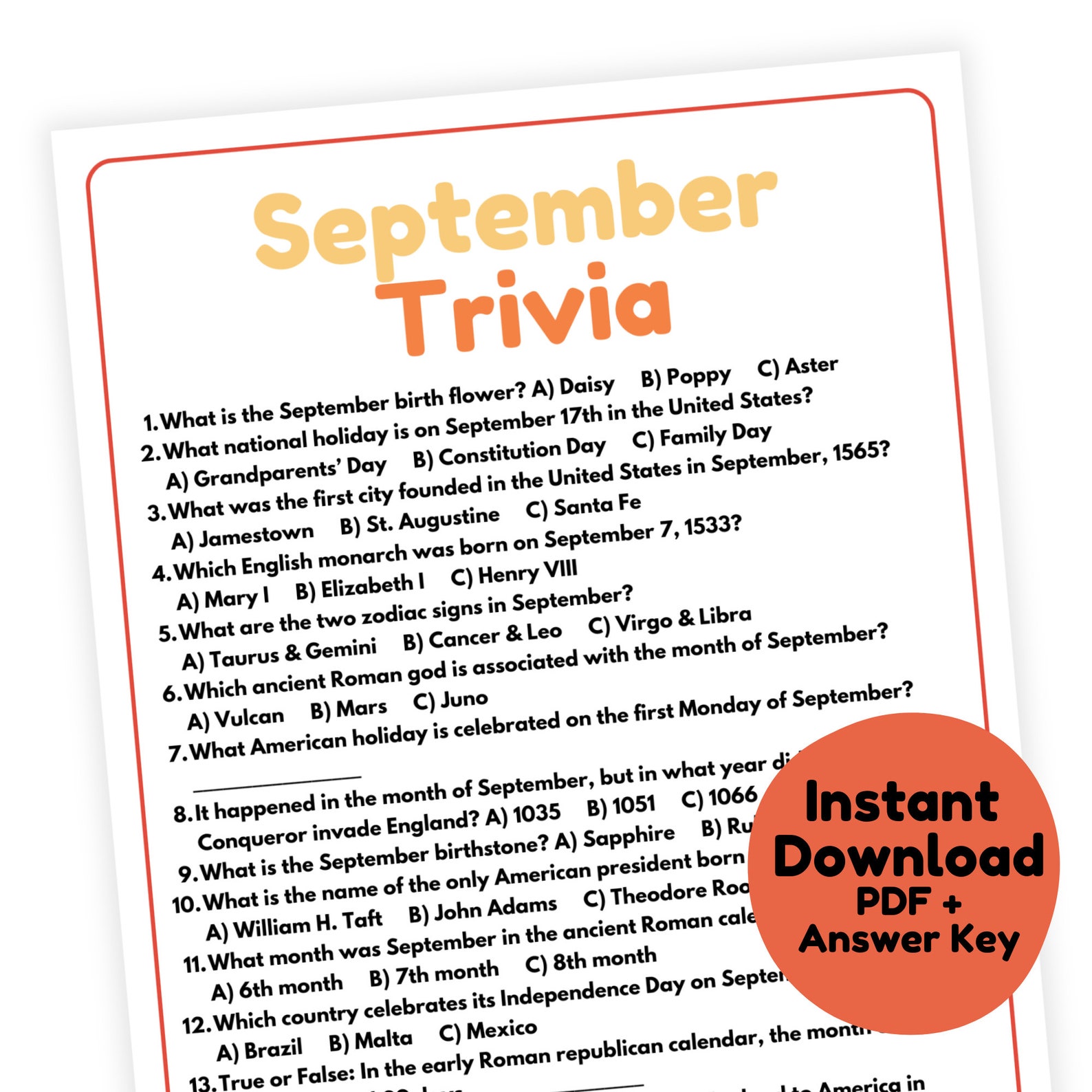 September Trivia Game Month Trivia Game Printable Fall Trivia Game Fall ...