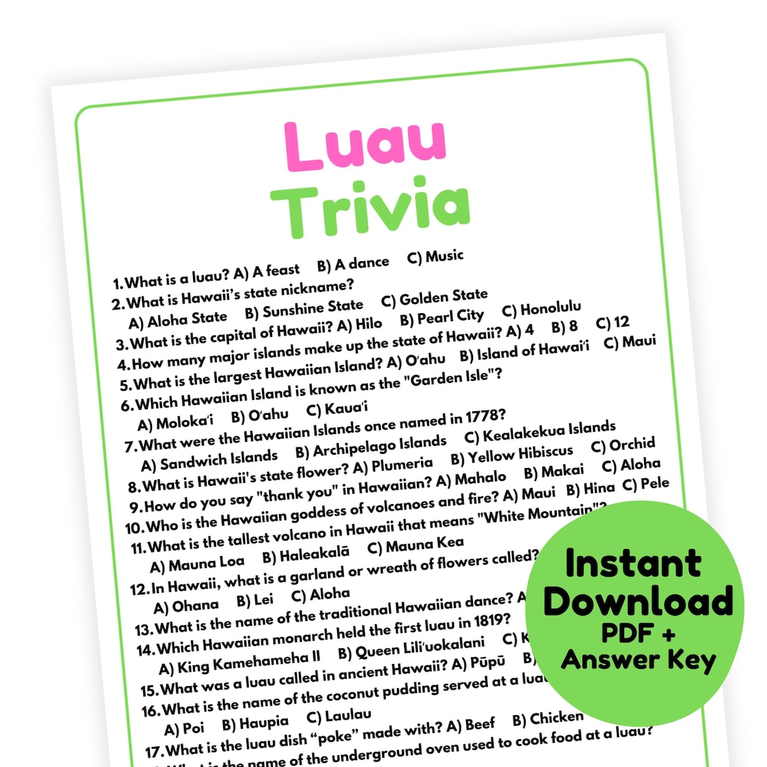 Luau Trivia Game | Luau Game Printable | Luau Party Game for Adults ...