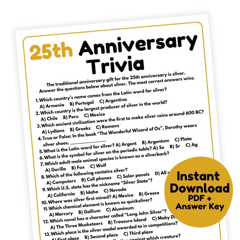25th Anniversary Trivia Game | 25th Anniversary Game Printable | 25th ...
