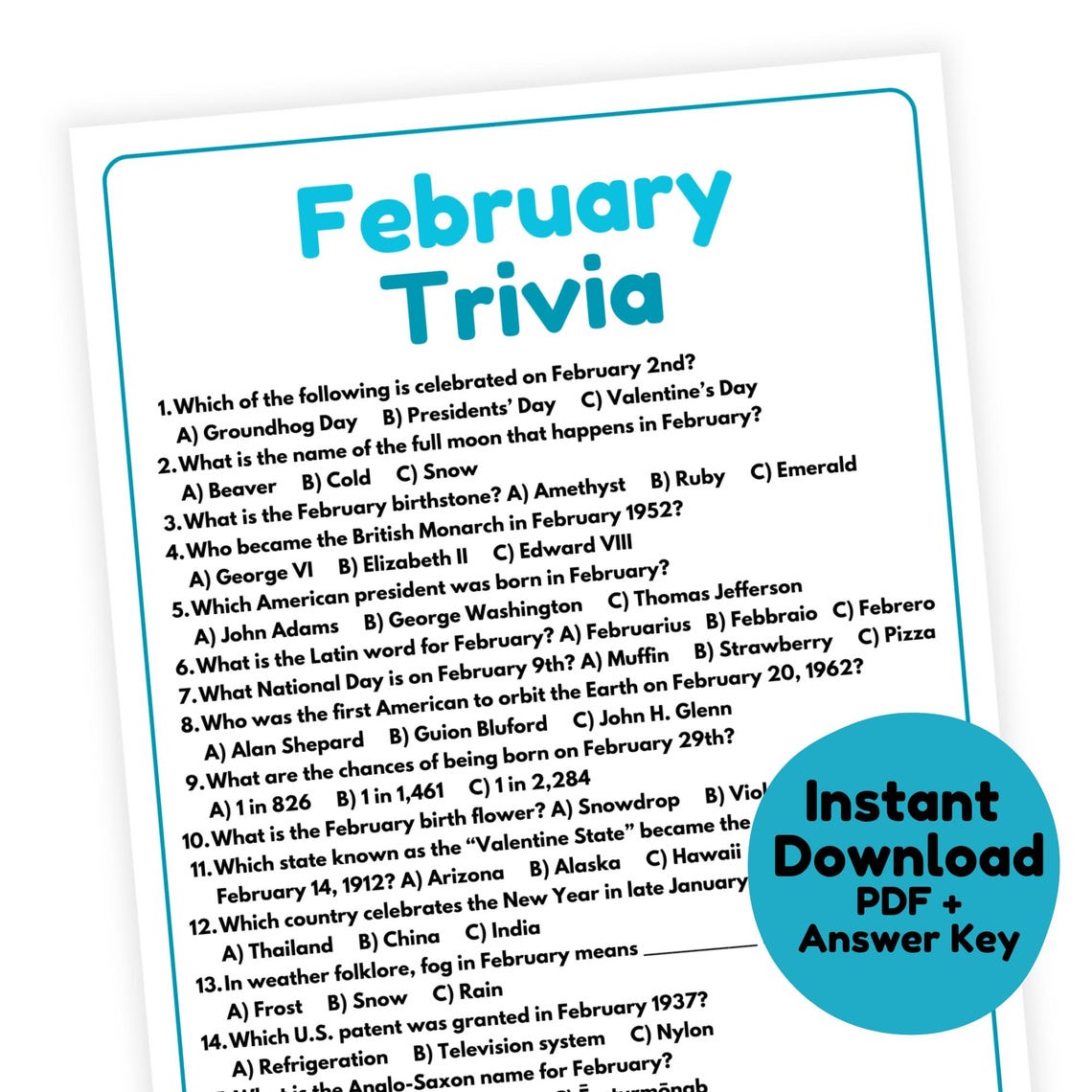 February Trivia Game | Month Trivia Game Printable | Winter Trivia Game ...