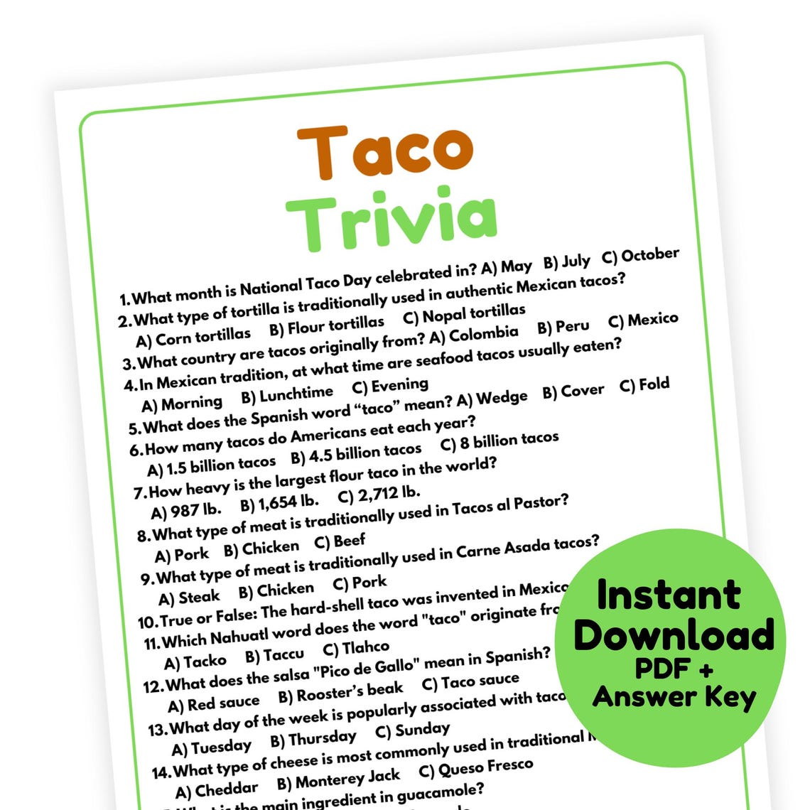 Taco Trivia Game | Taco Game Printable | Mexican Fiesta Party Game ...