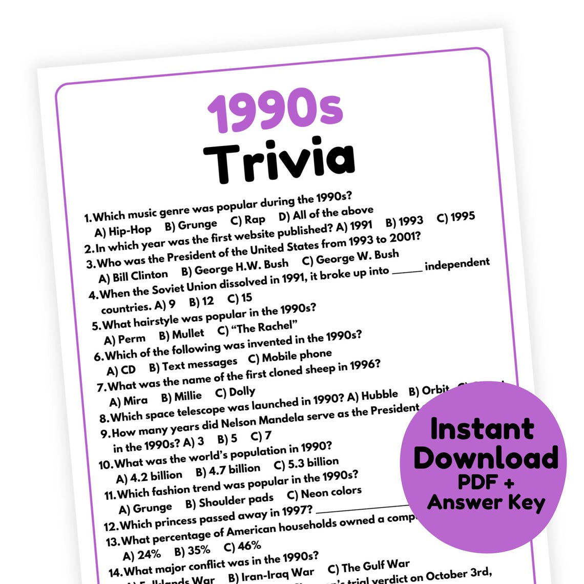1990s Trivia Game | 1990s Game Printable | 1990s Party Game for Adults ...
