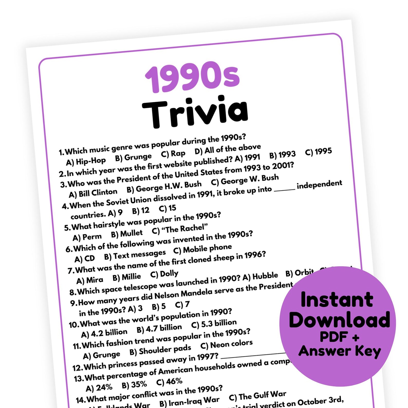 1990s Trivia Game | 1990s Game Printable | 1990s Party Game for Adults ...