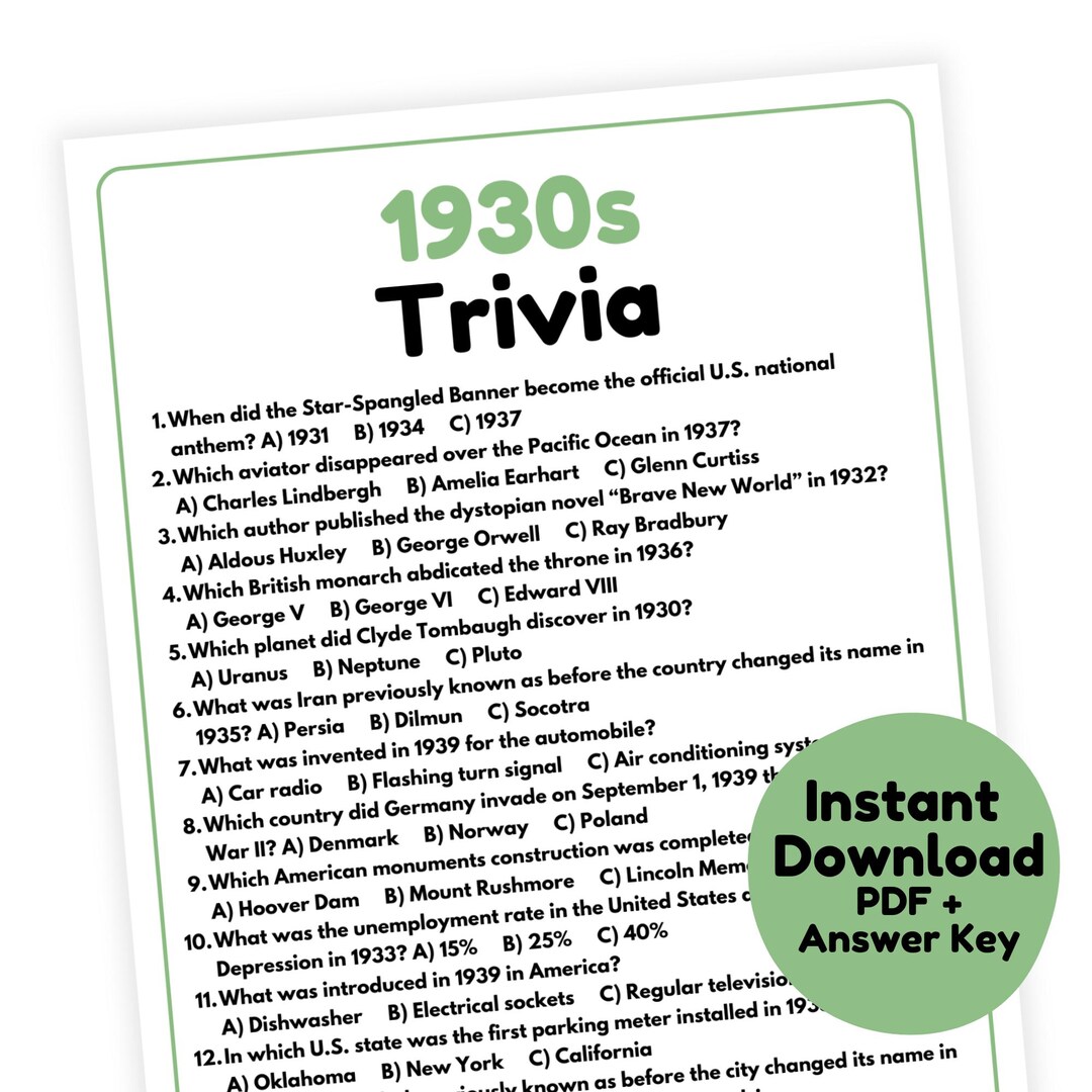 1930s Trivia Game | 1930s Game Printable | 1930s Party Game for Adults ...