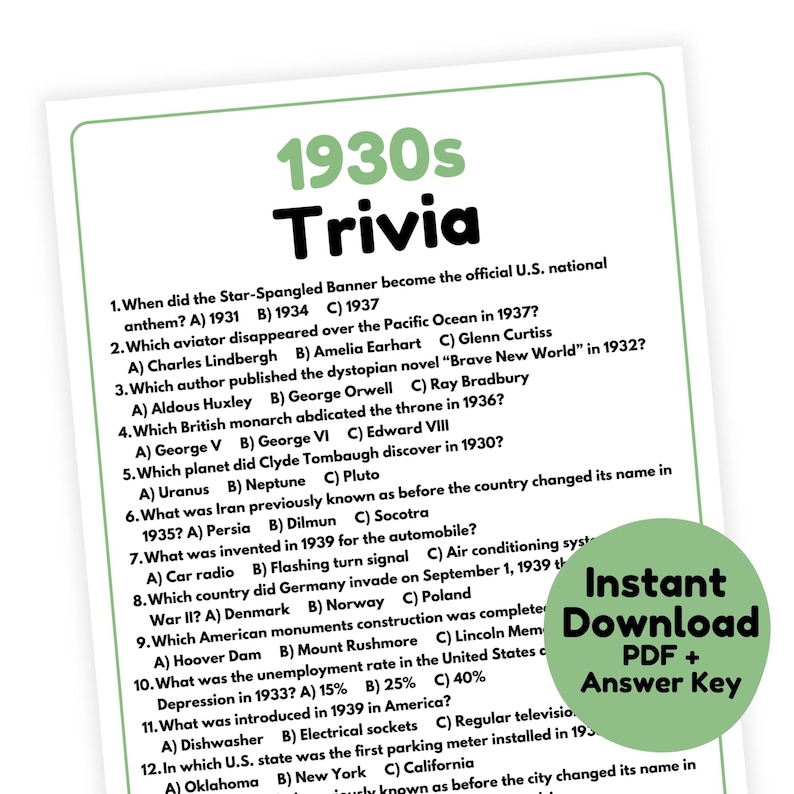 1930s Trivia Game | 1930s Game Printable | 1930s Party Game for Adults ...