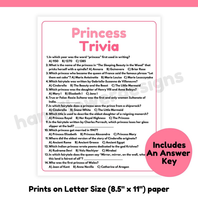 Princess Trivia Game Princess Games Printable Princess Party Games for ...