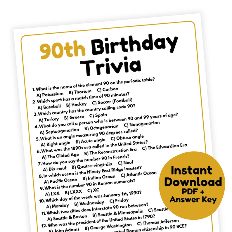 90th Birthday Trivia Game | 90th Birthday Game Printable | 90th ...