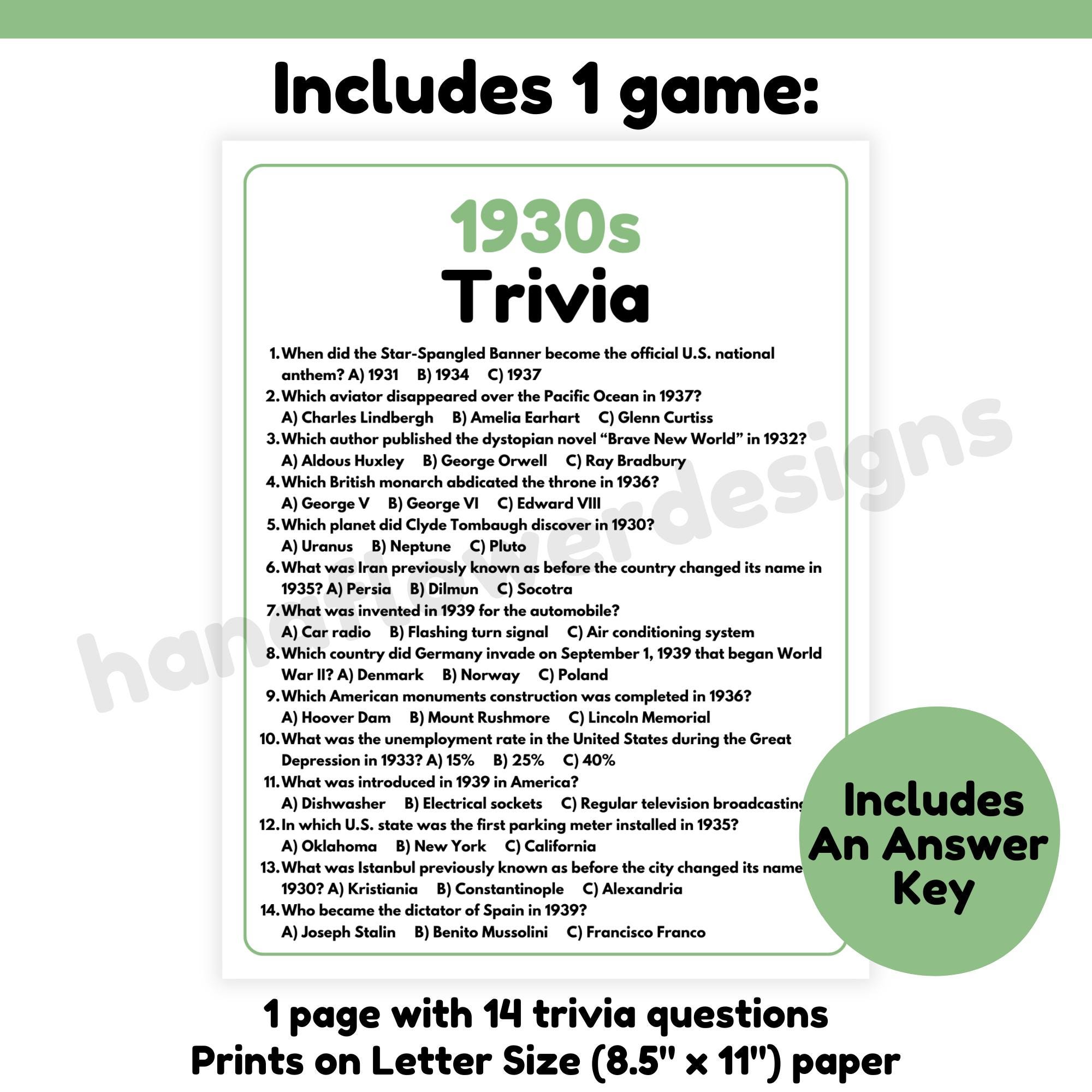 1930s Trivia Game | 1930s Game Printable | 1930s Party Game for Adults ...