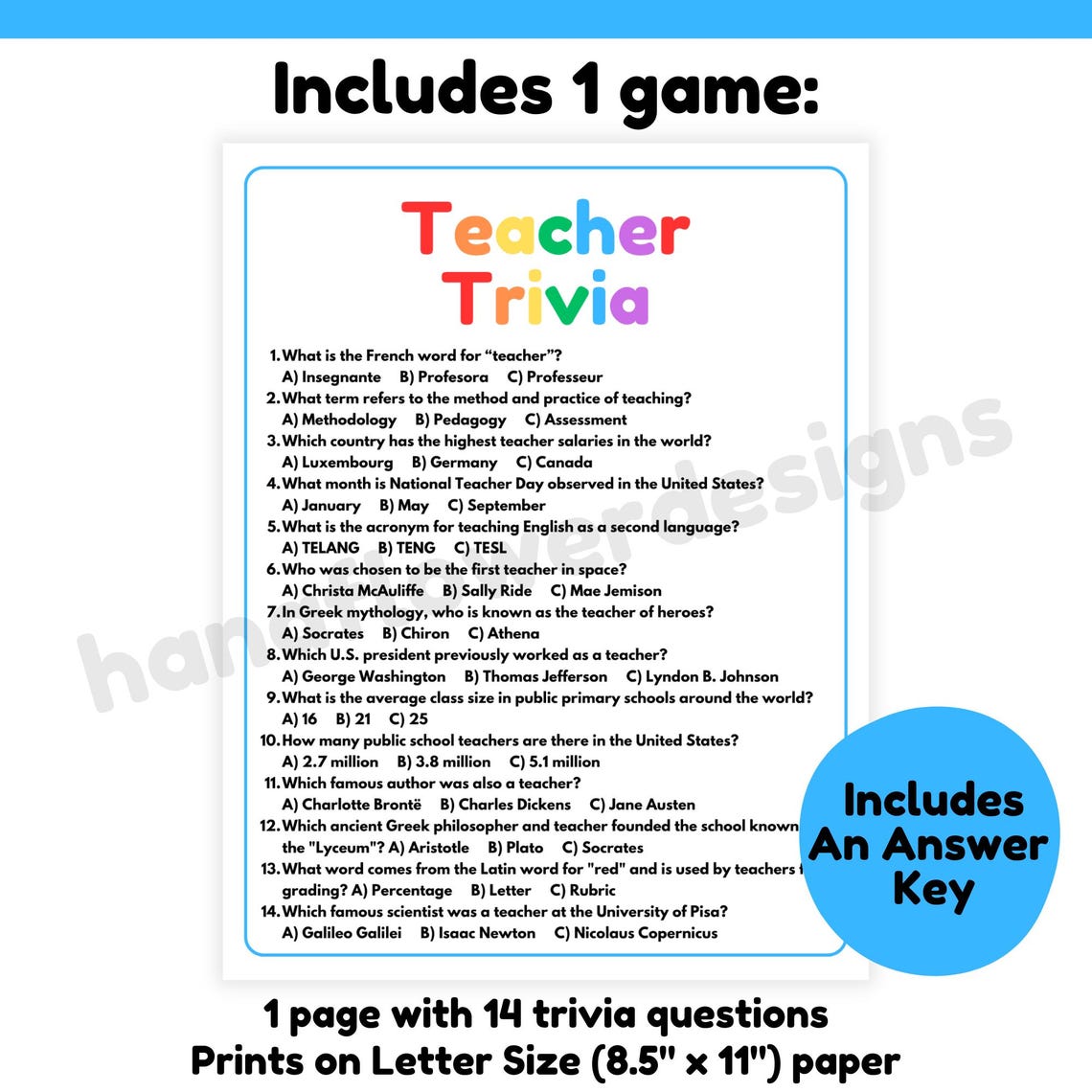 Teacher Trivia Game | Teacher Game Printable | Office Party Game for ...