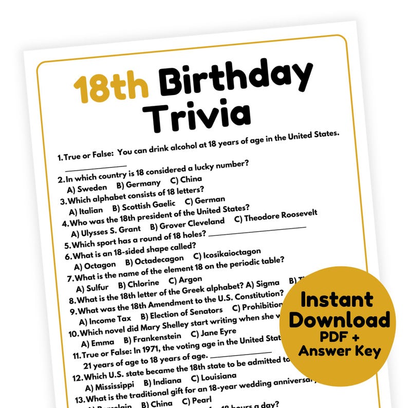 18th Birthday Trivia Game | 18th Birthday Game Printable | 18th ...