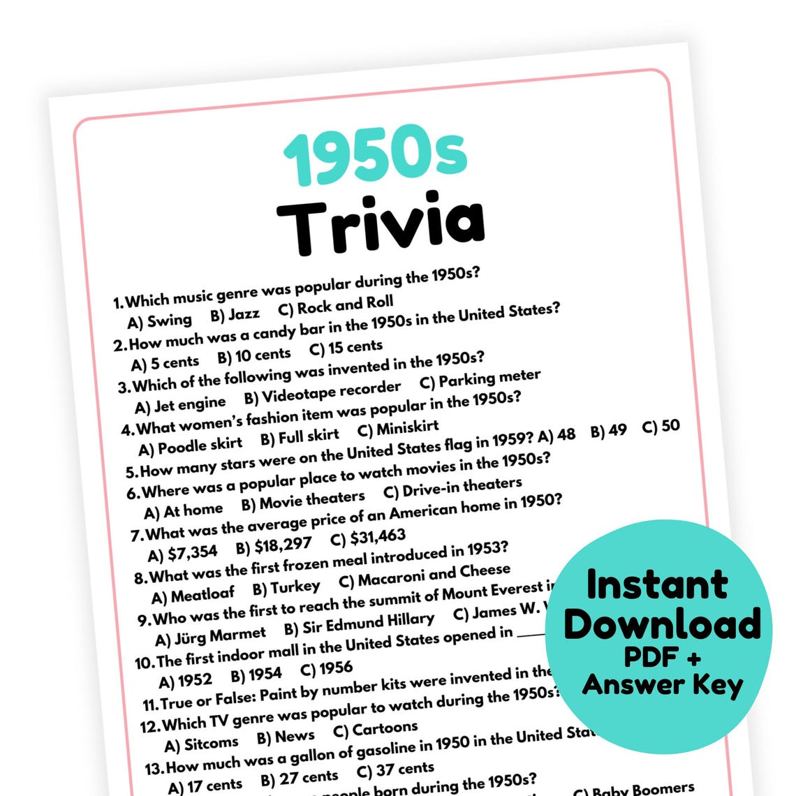 1950s Trivia Game | 1950s Game Printable | 1950s Party Game for Adults ...