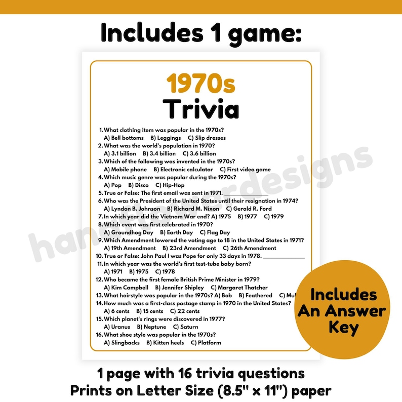 1970s Trivia Game | 1970s Game Printable | 1970s Party Game for Adults ...