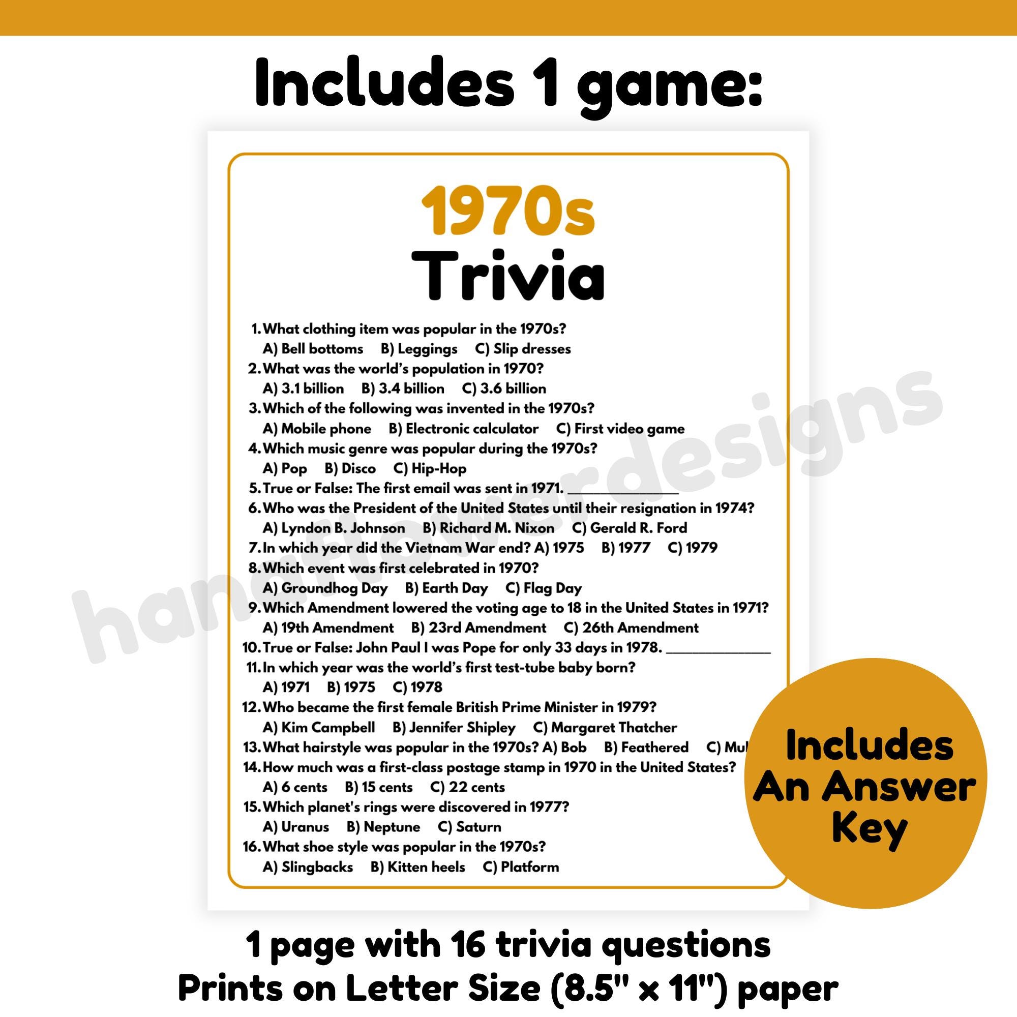 1970s Trivia Game | 1970s Game Printable | 1970s Party Game for Adults ...
