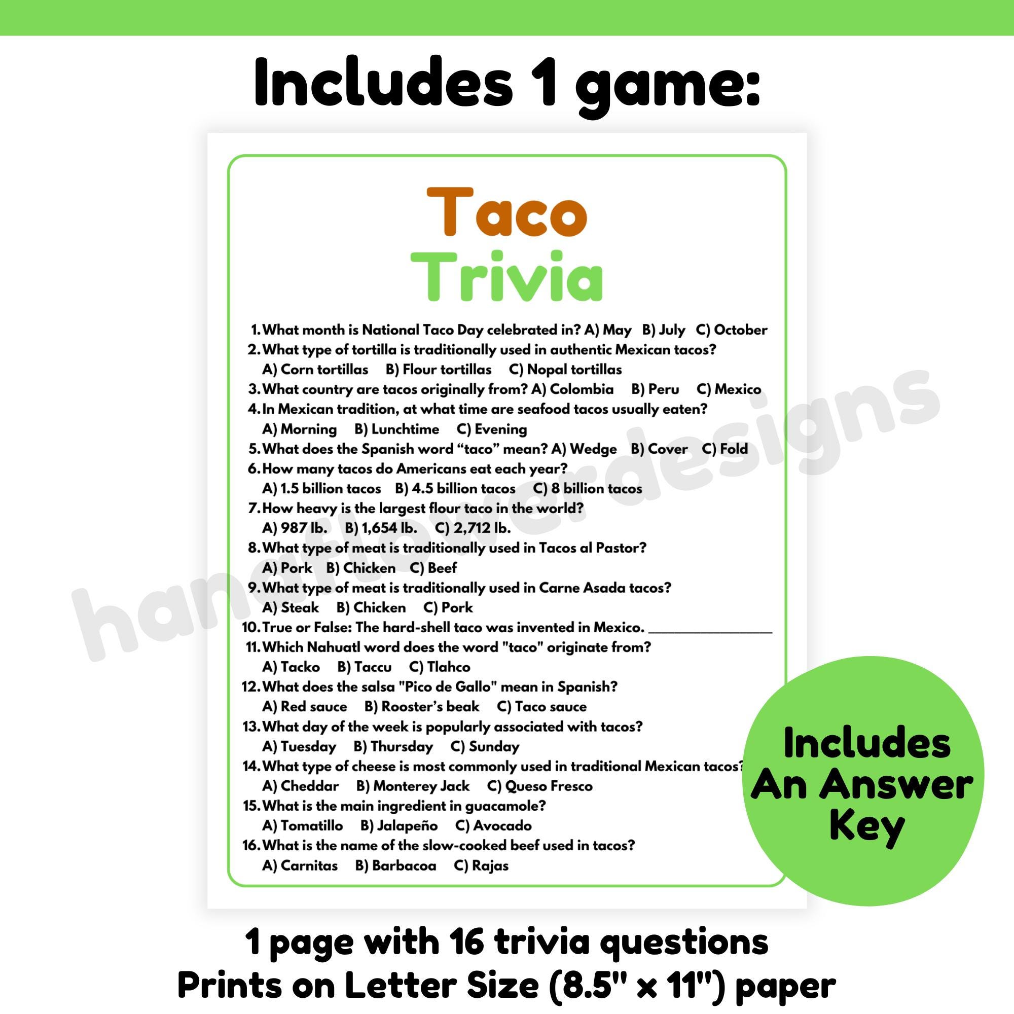 Taco Trivia Game | Taco Game Printable | Mexican Fiesta Party Game ...