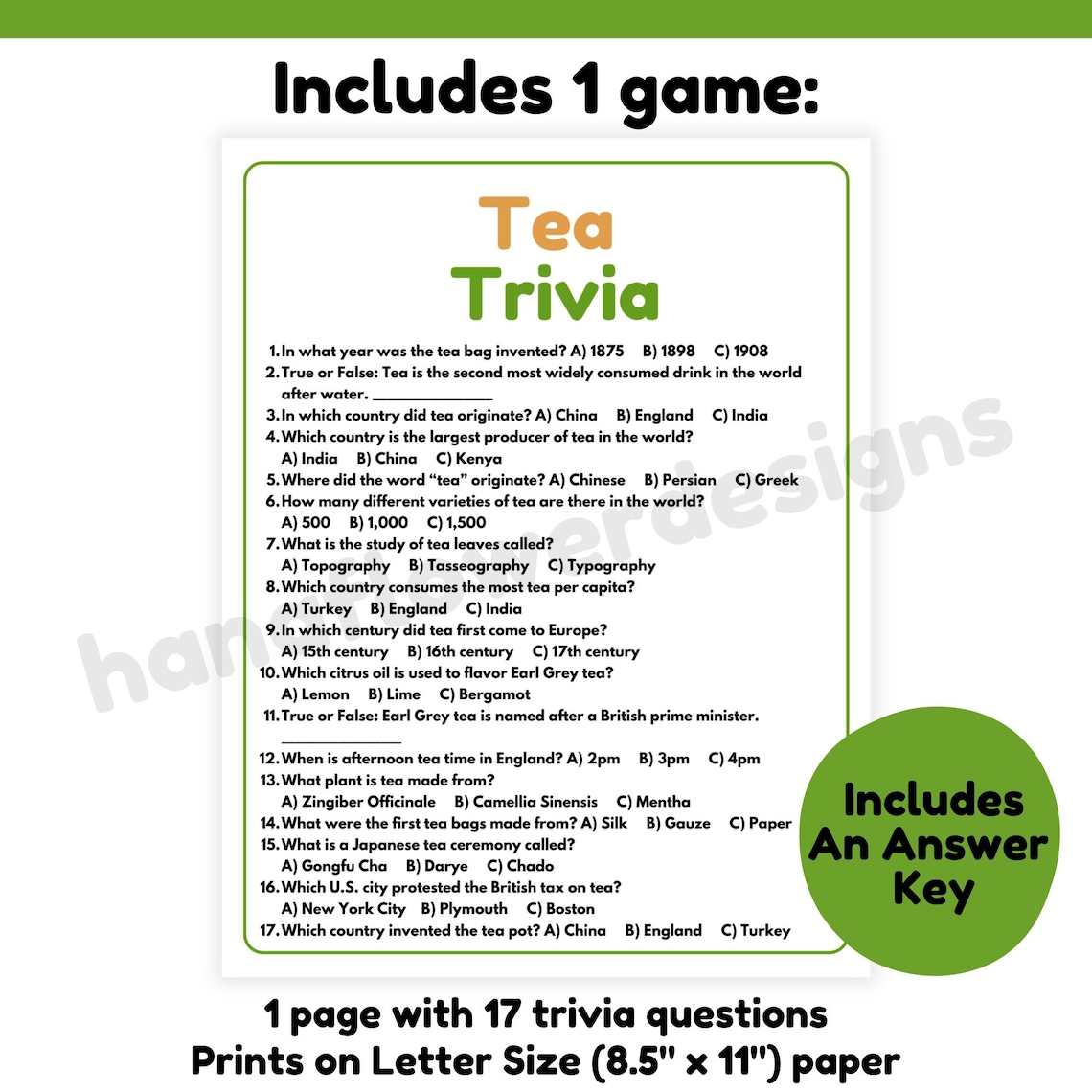 Tea Trivia Game | Tea Game Printable | Tea Party Bridal Shower Game ...