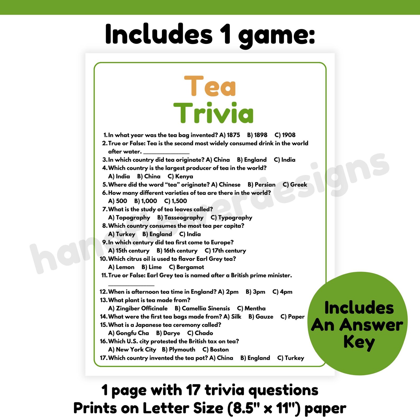 Tea Trivia Game | Tea Game Printable | Tea Party Bridal Shower Game ...