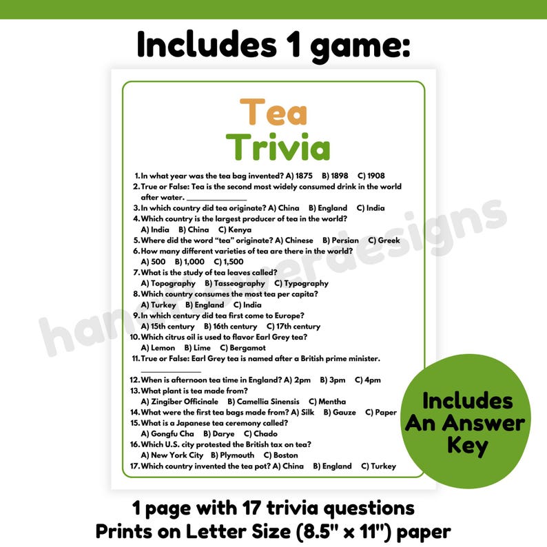 Tea Trivia Game | Tea Game Printable | Tea Party Bridal Shower Game ...