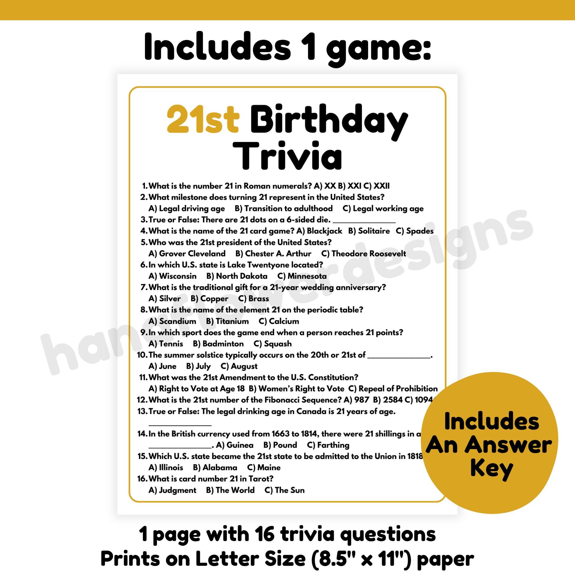 21st Birthday Trivia Game | 21st Birthday Game Printable | 21st ...
