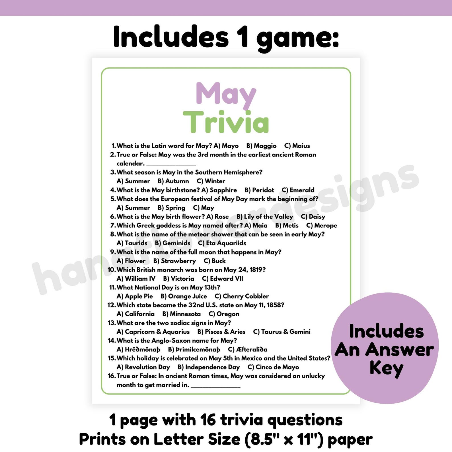 May Trivia Game | Month Trivia Game Printable | Spring Trivia Game ...