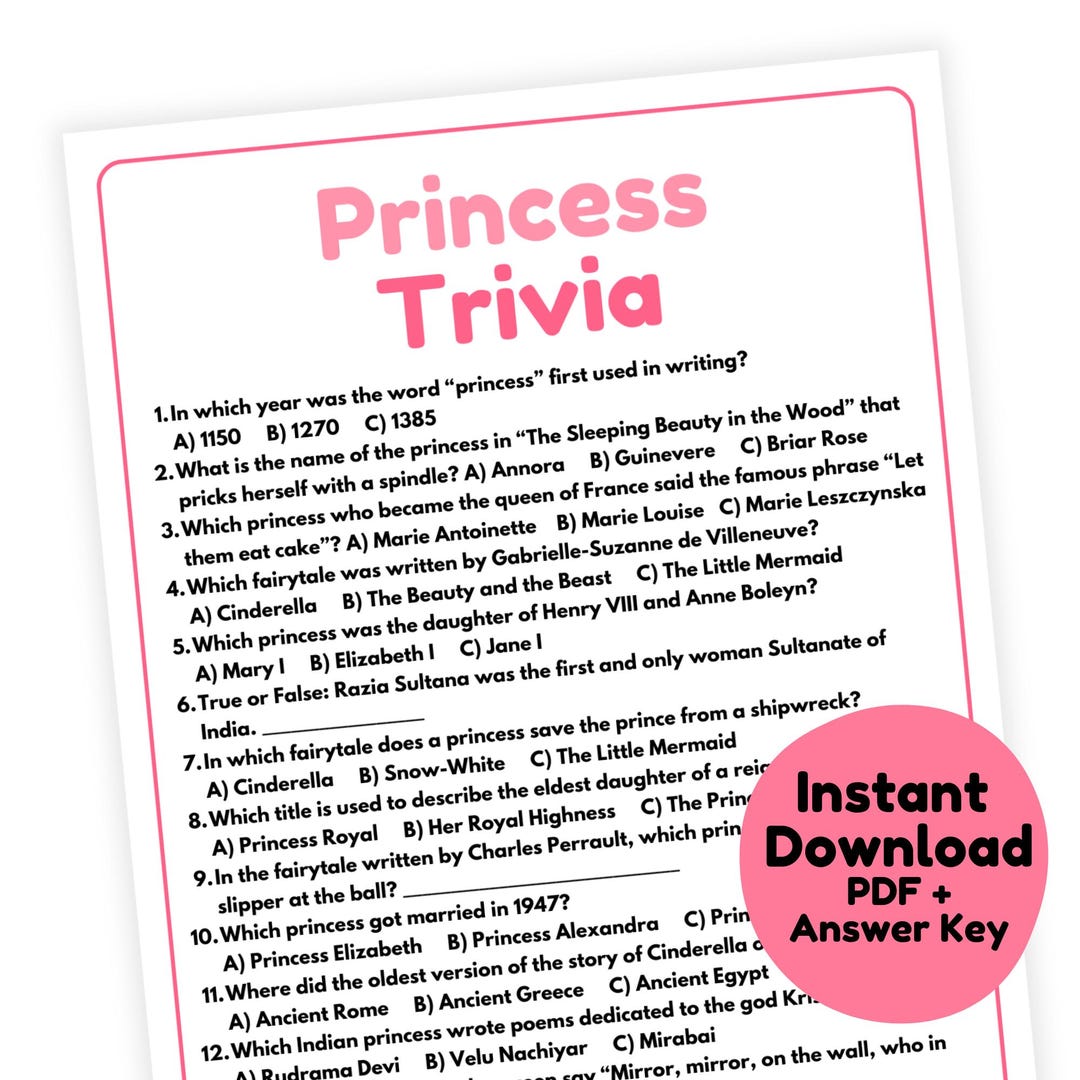 Princess Trivia Game Princess Games Printable Princess Party Games for ...