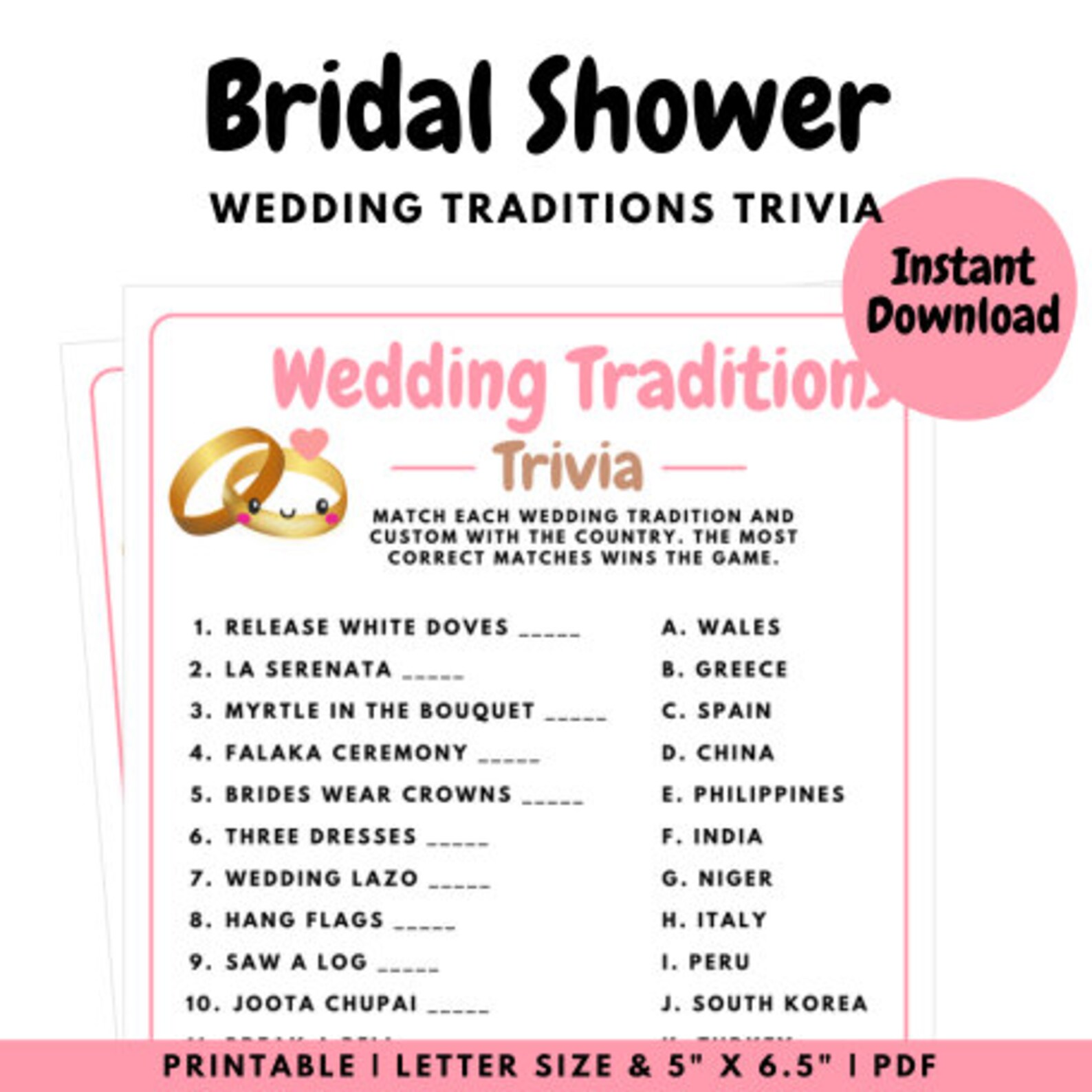 Bridal Shower Wedding Traditions Trivia Printable Party Game - Etsy