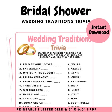 Bridal Shower Wedding Traditions Trivia Printable Party Game - Etsy