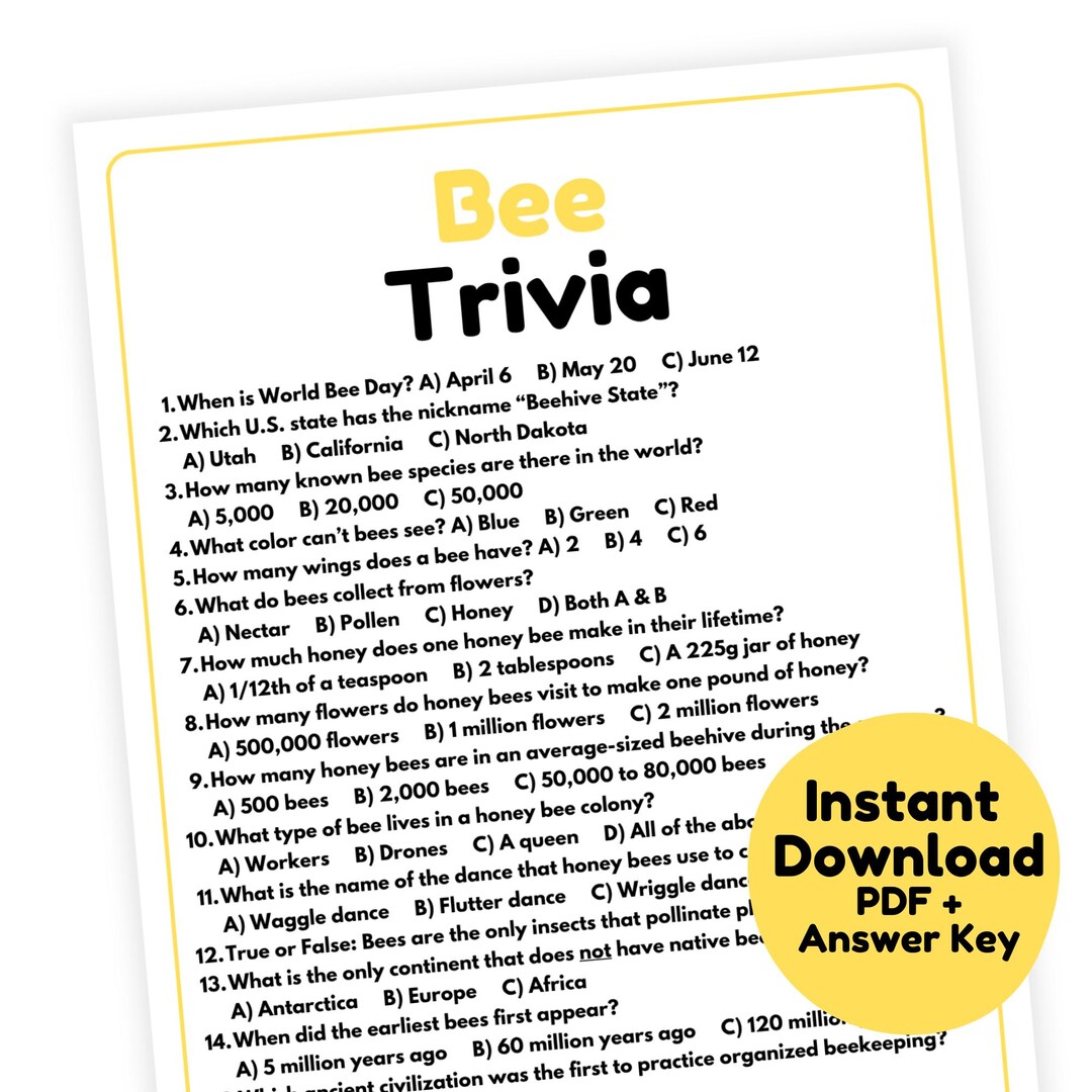 Bee Trivia Game | Honey Bee Game Printable | Bee Baby Shower Game | Bee ...